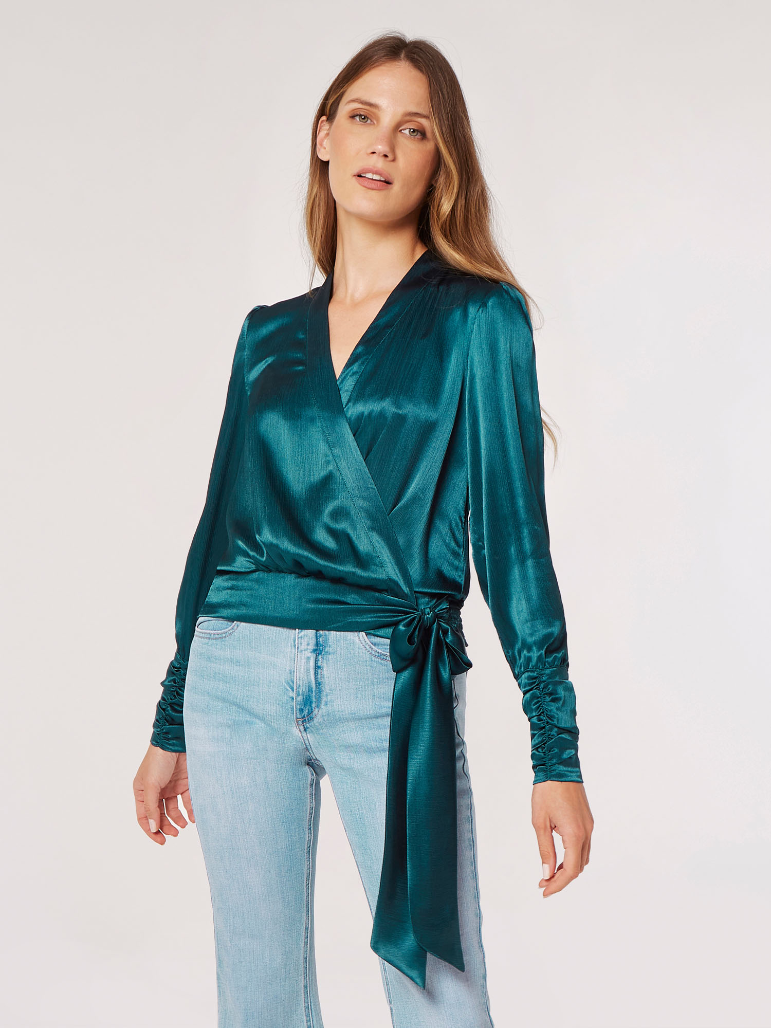 Textured Satin Wrap Top | Apricot Clothing