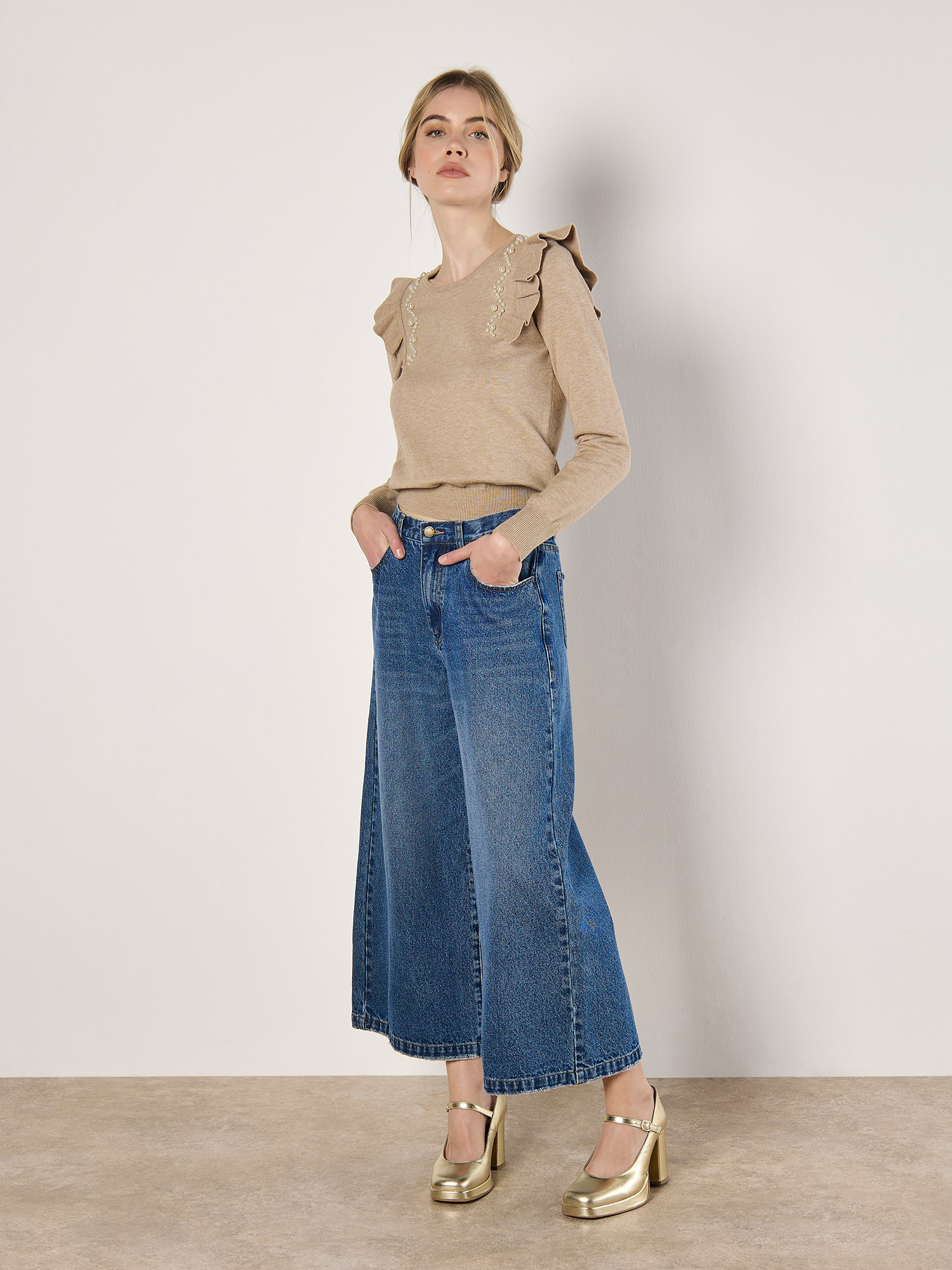 Pearl Embellished Ruffle Jumper | Apricot Clothing