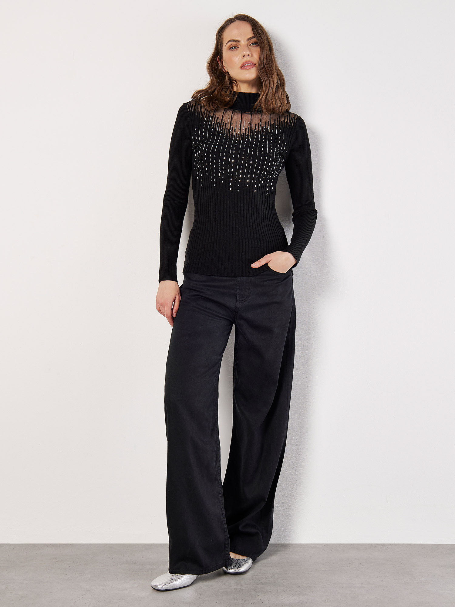 Gemstone Mesh Ribbed Jumper | Apricot Clothing