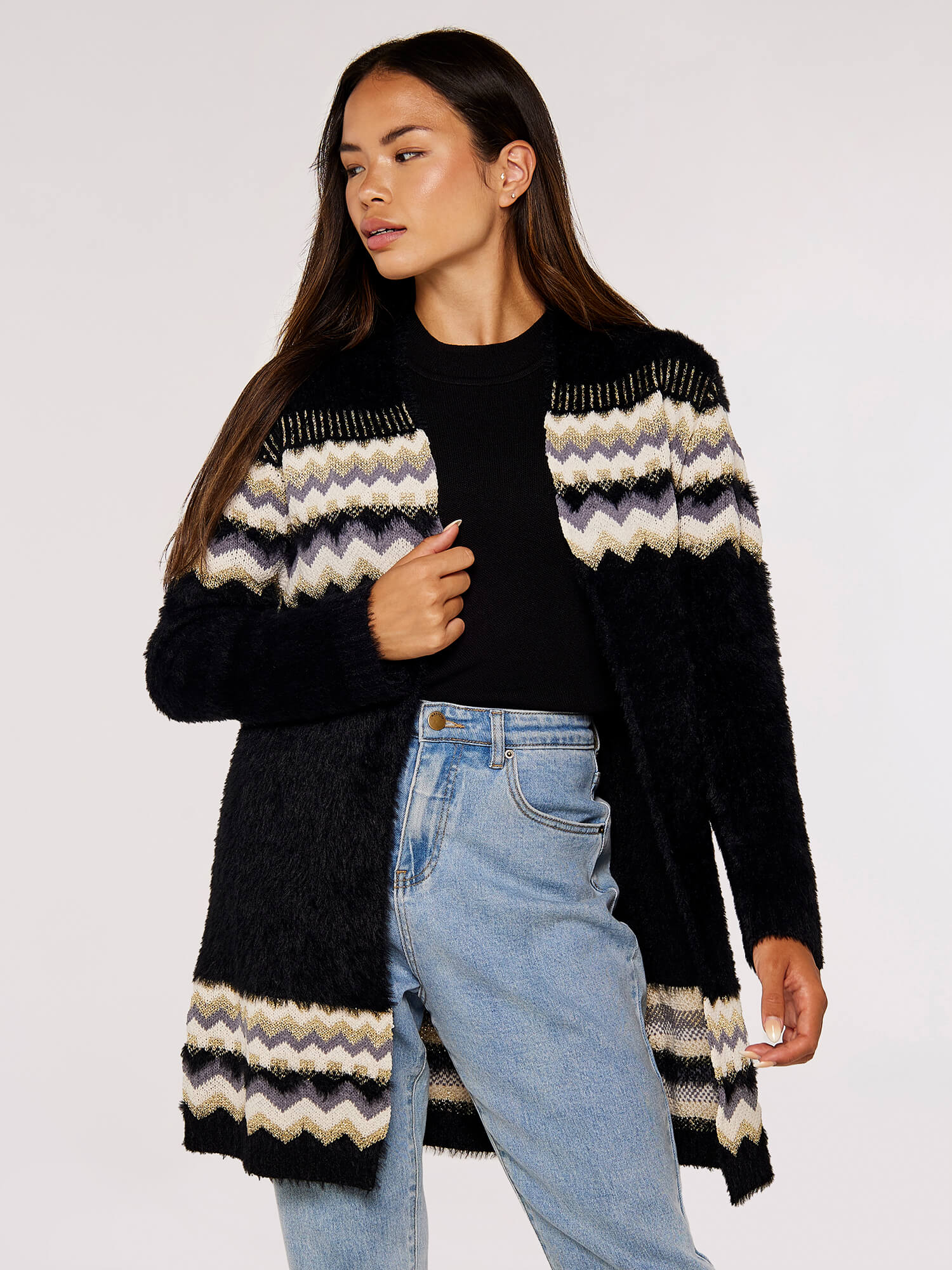 Metallic Chevron Fuzzy Cardigan | Apricot Clothing