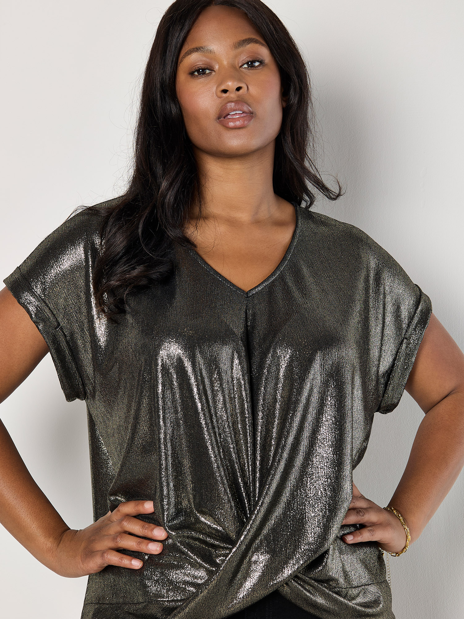 Curve Metallic Foil Twist Hem Top | Apricot Clothing