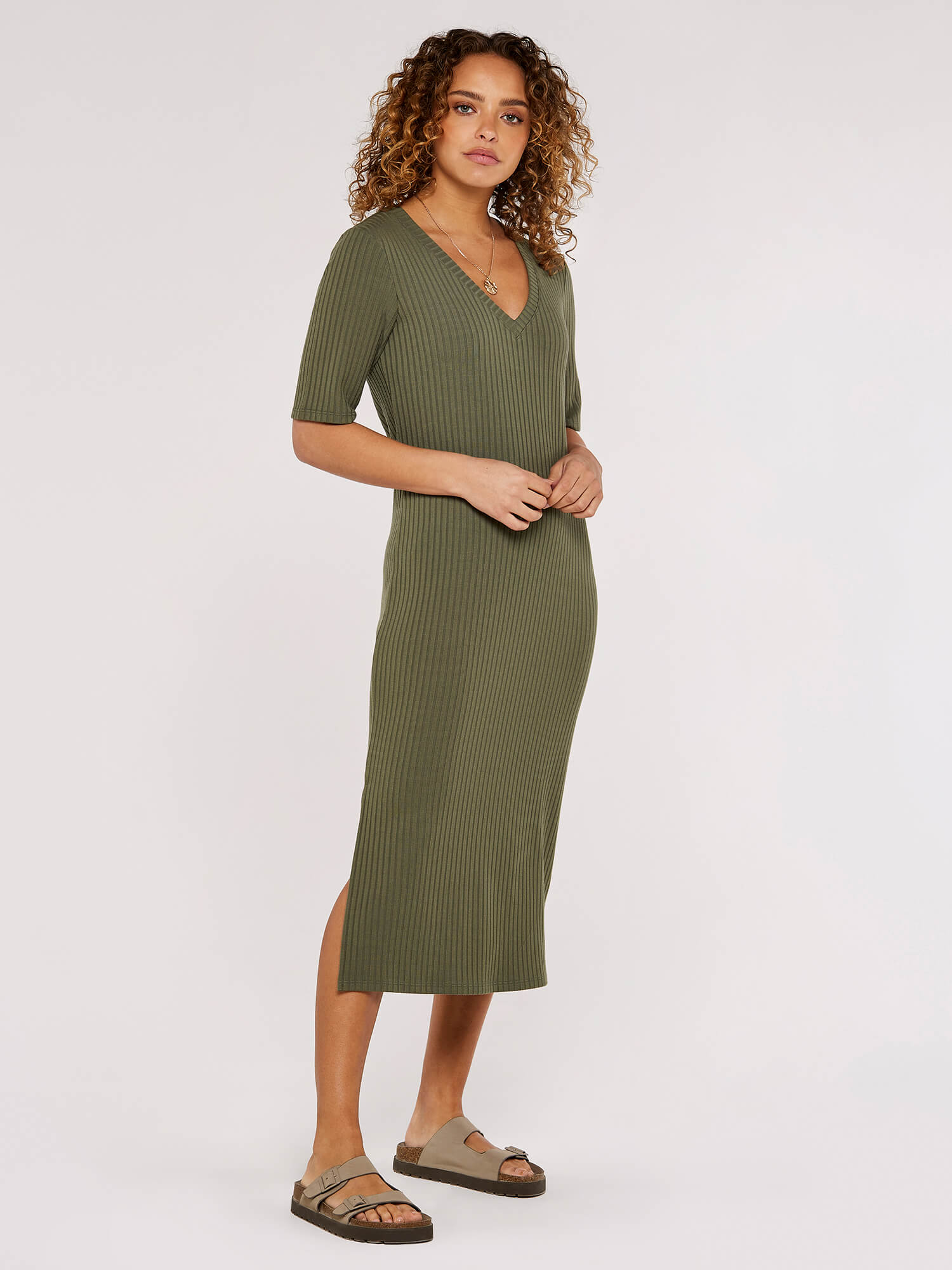 Ribbed Midi V-Neck Dress | Apricot Clothing
