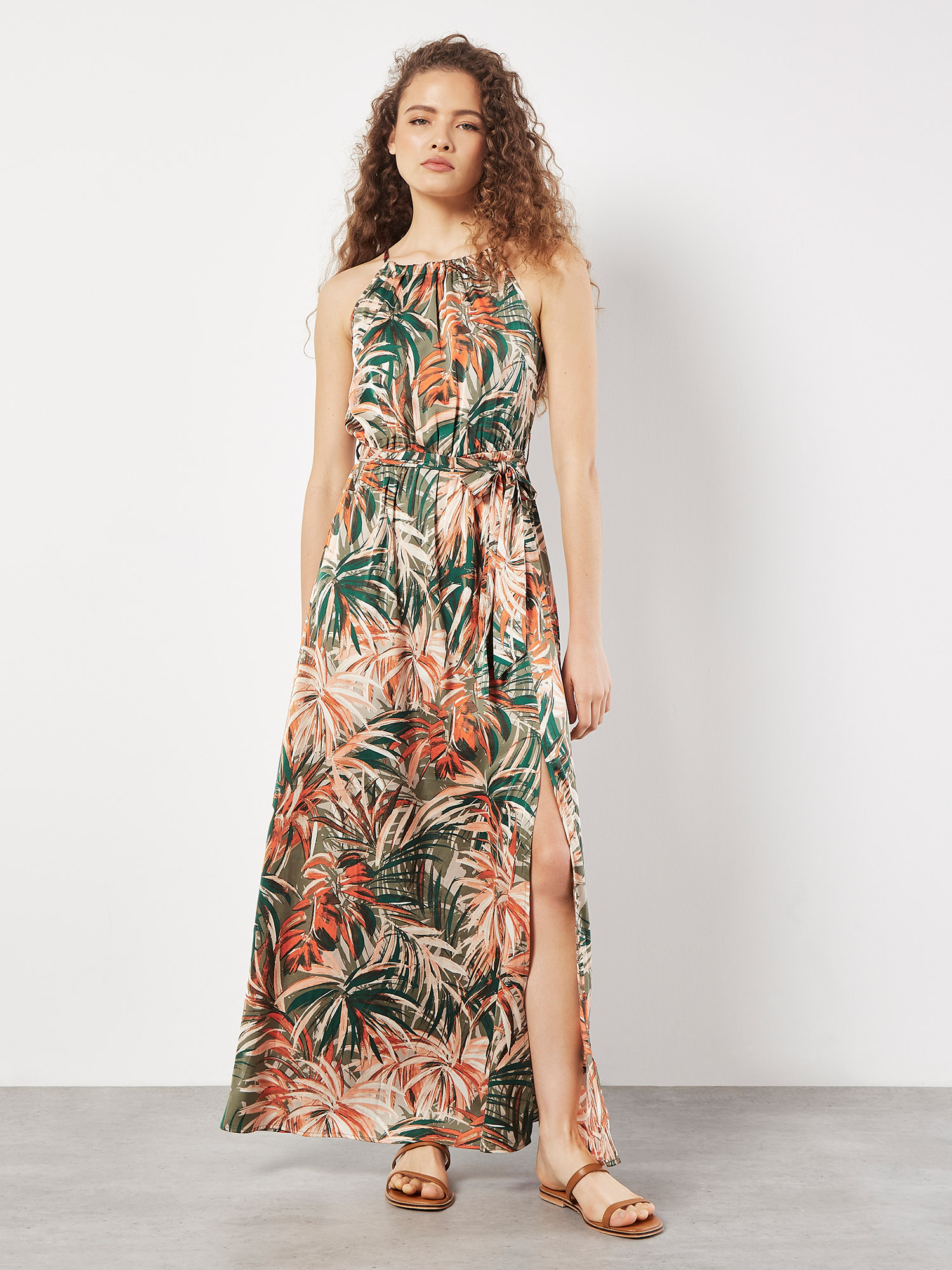 Tropical Leaf Satin Midi Dress | Apricot Clothing