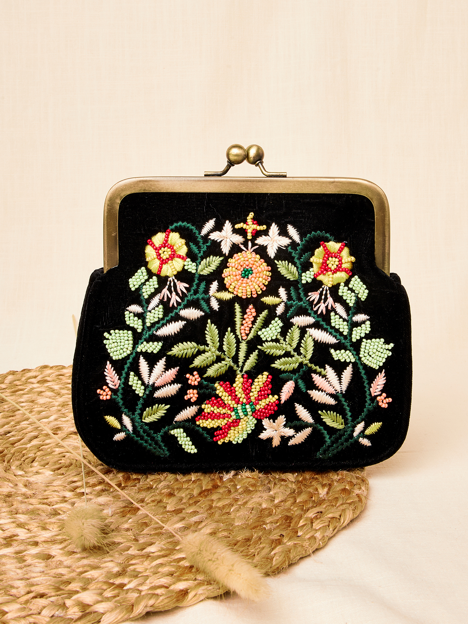 Floral Hand-Embroidered Velvet Bag | Apricot Clothing