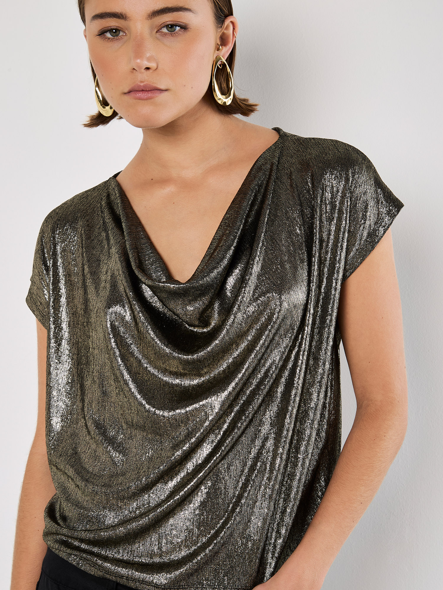 Metallic Foil Cowl Neck Top | Apricot Clothing
