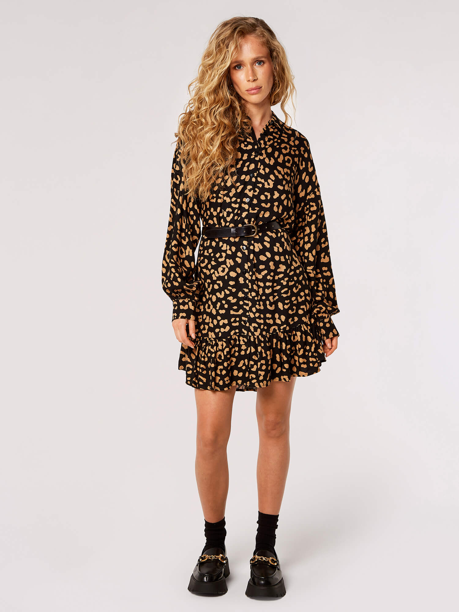 Leopard Print Shirt Mini Dress Apricot Clothing