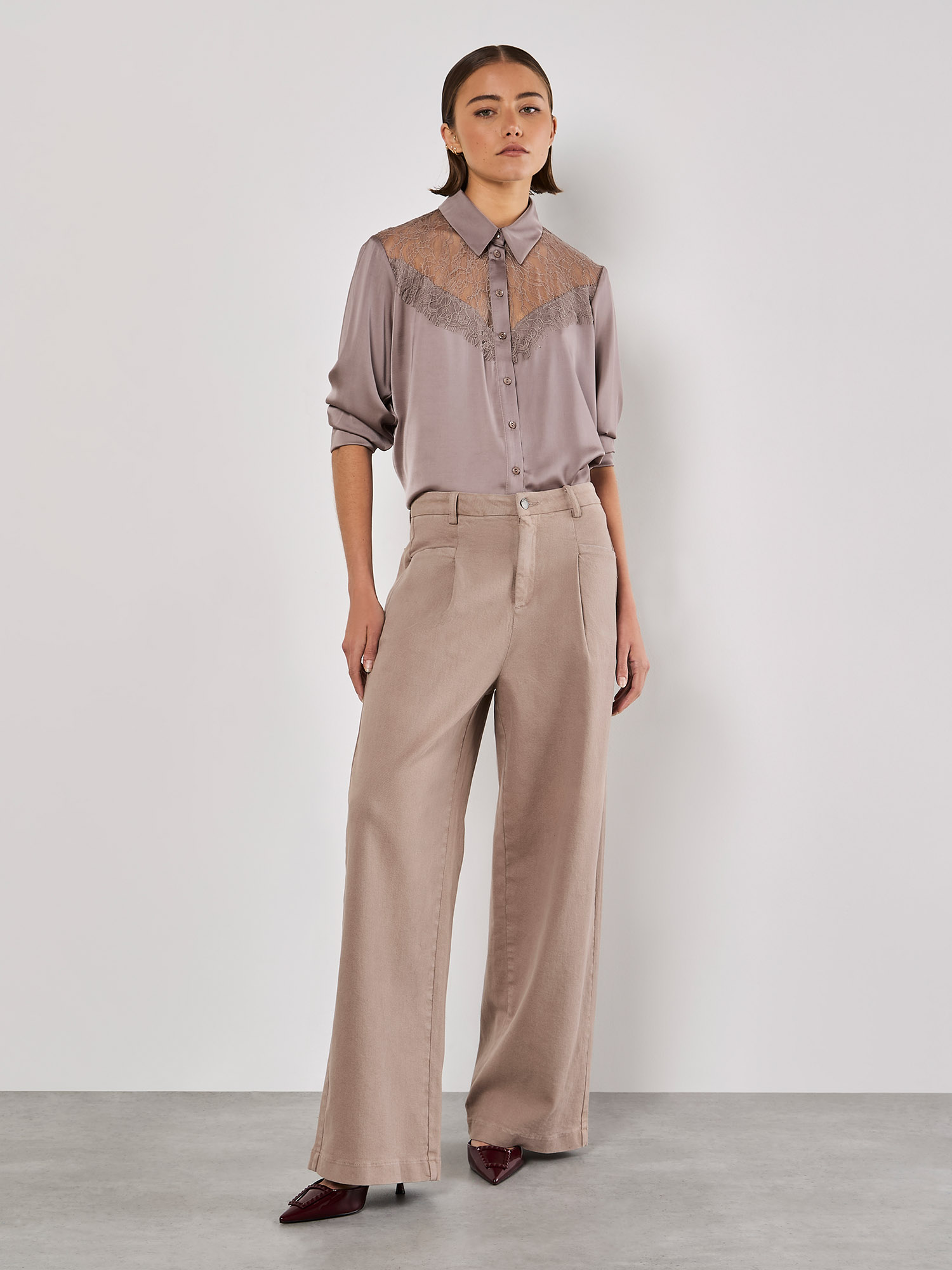 Lace Insert Oversized Satin Shirt | Apricot Clothing