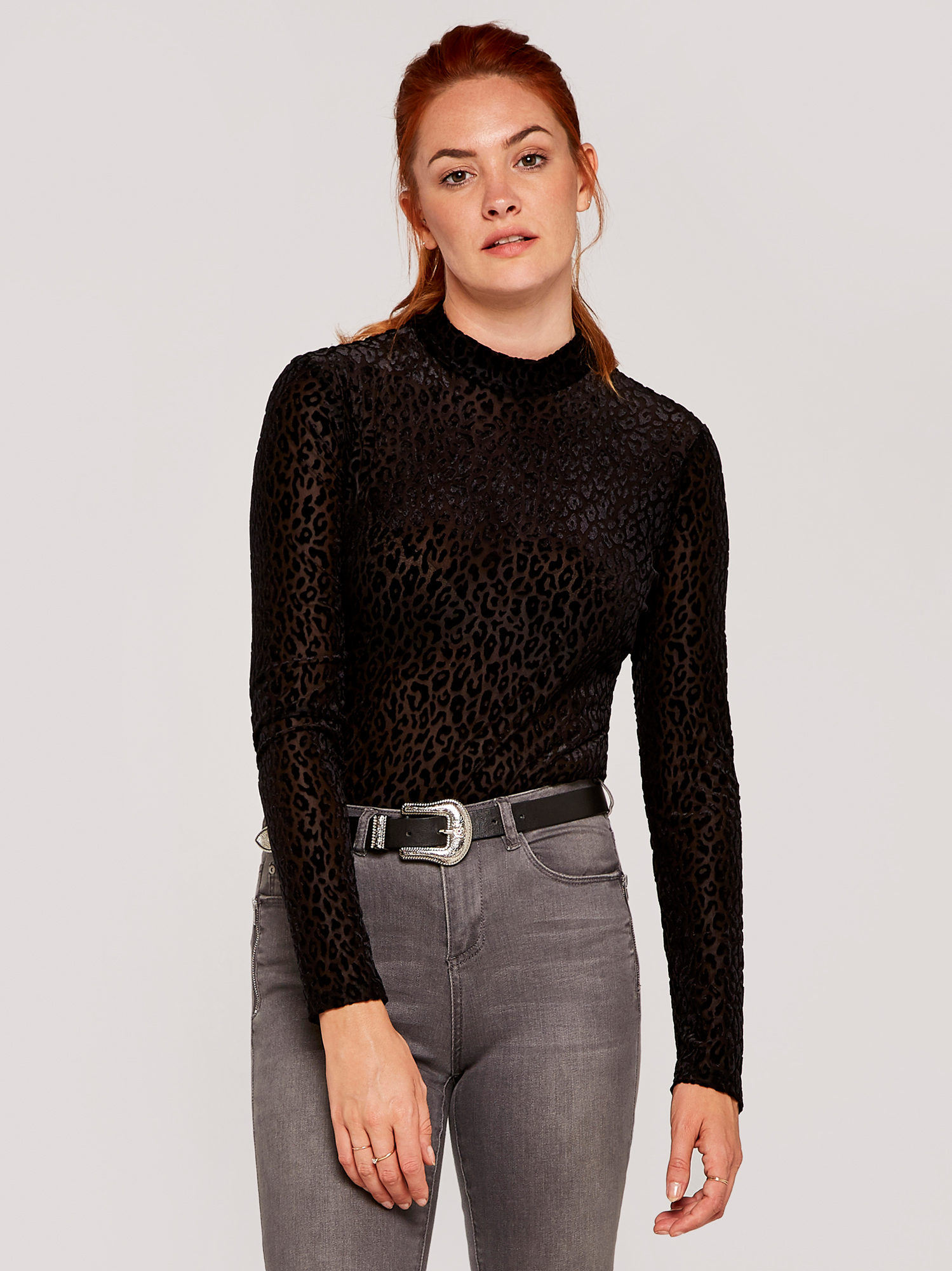 Leopard Devore Mock Neck Top | Apricot Clothing