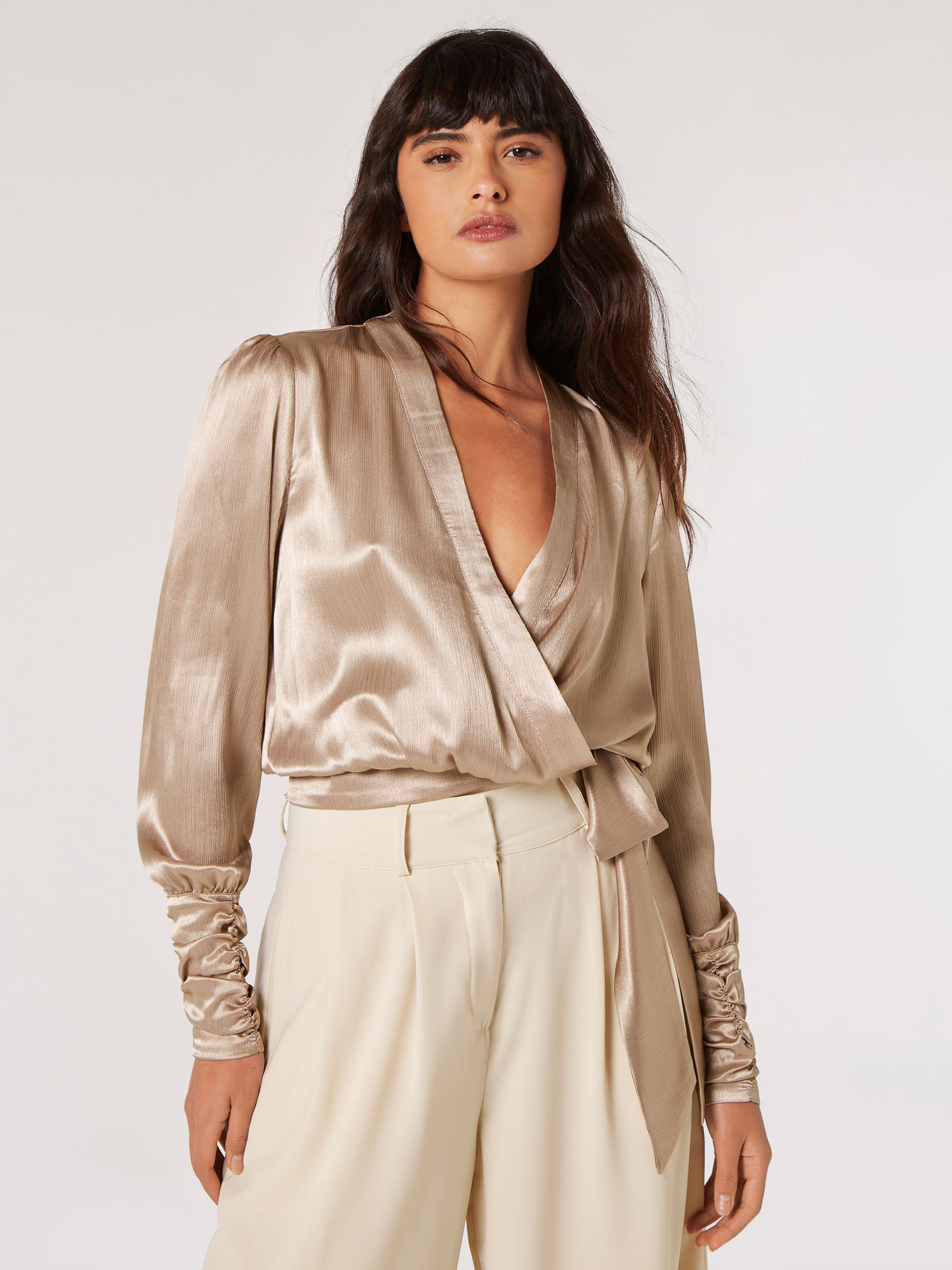 Textured Satin Wrap Top | Apricot Clothing