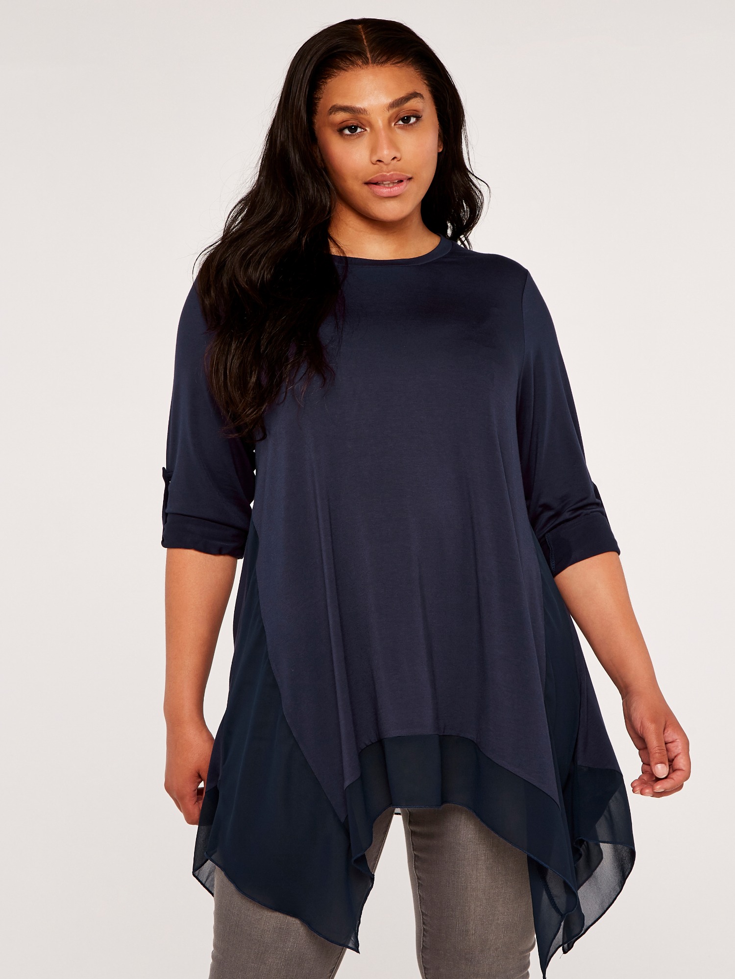 Curve Waterfall Hem Roll Sleeve Top | Apricot Clothing